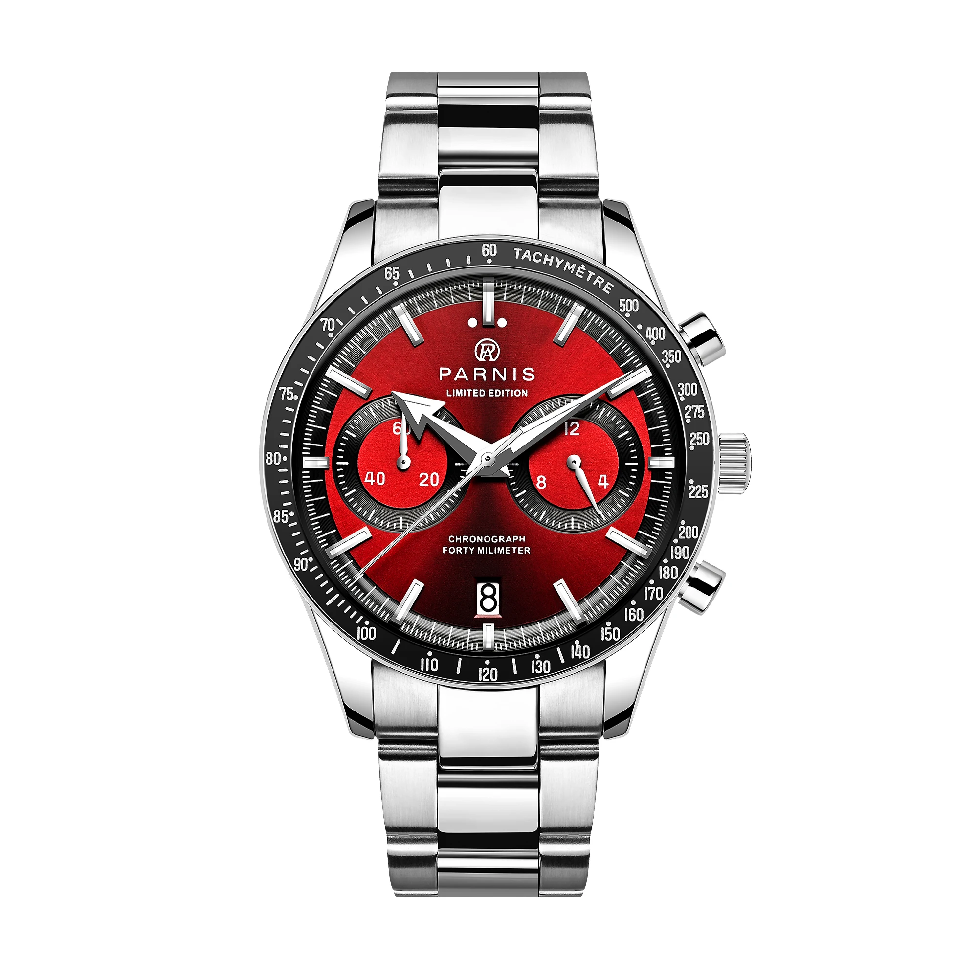 Parnis Red Dial Quartz Chronograph Watch | Jewelry Addicts